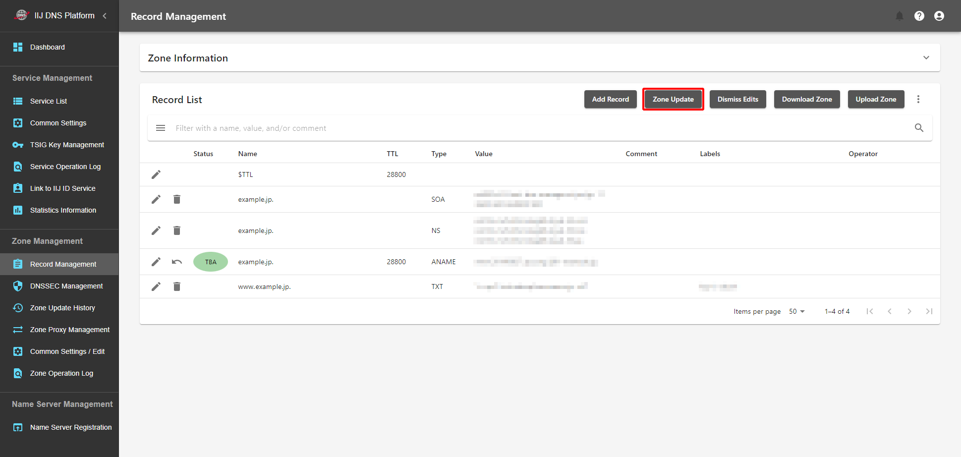 Registering, Updating, or Deleting DNS Records in/from a Zone of the IIJ Managed DNS Server